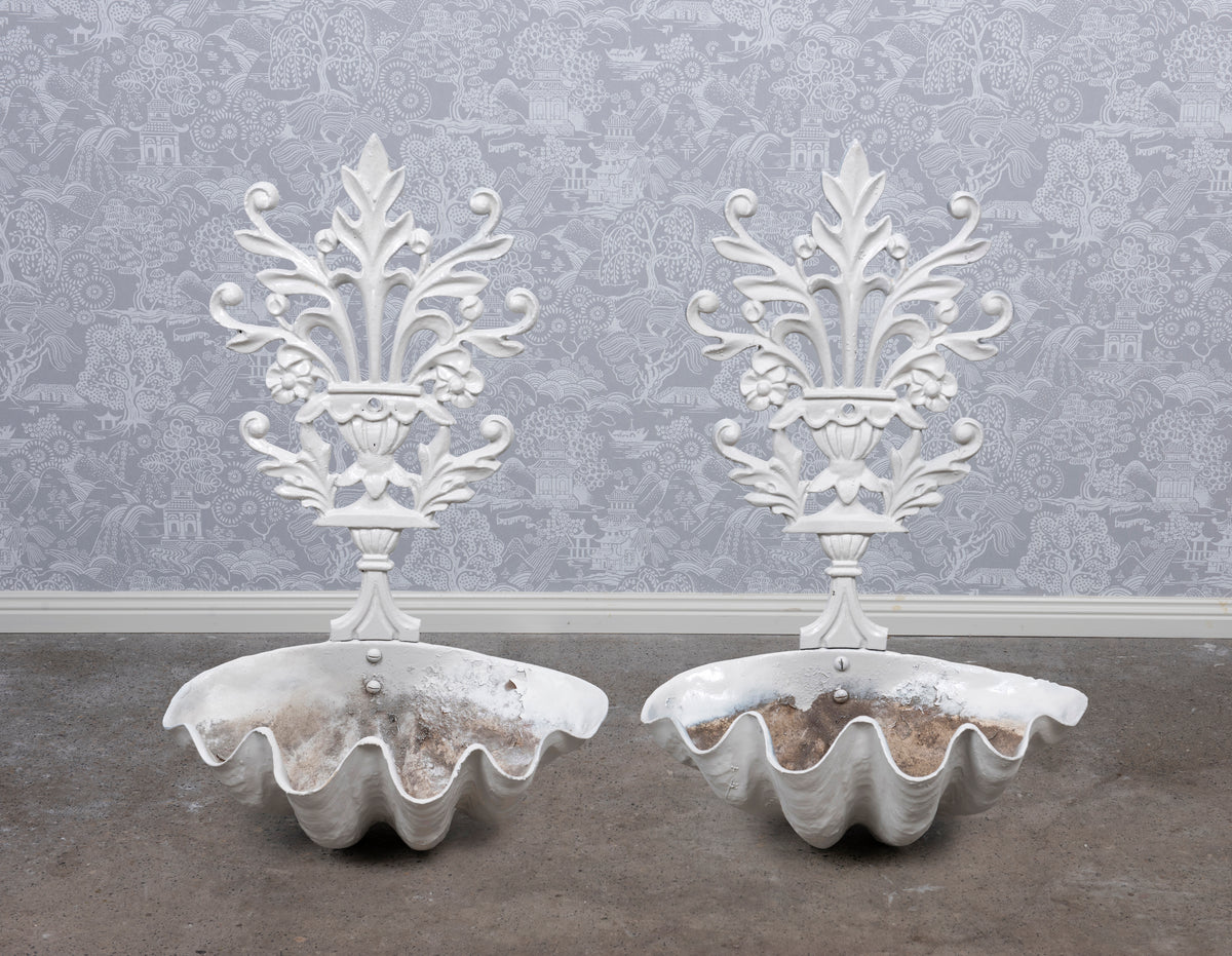 SOLD A pair of unusual vintage white painted metal wall mounted shell ...